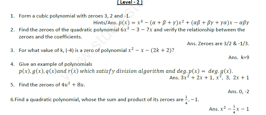 CBSE Class 10 Mathematics Polynomials Assignment Set E
